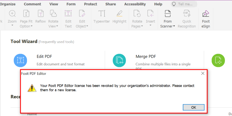 "Your PDF Editor license has been revoked by your organization's ...