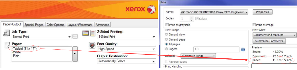 Adjusting the paper size when printing to Xerox printer